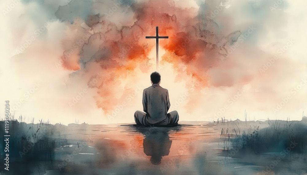 Kneeling in Prayer Before the Cross - Digital Watercolor Painting of ...