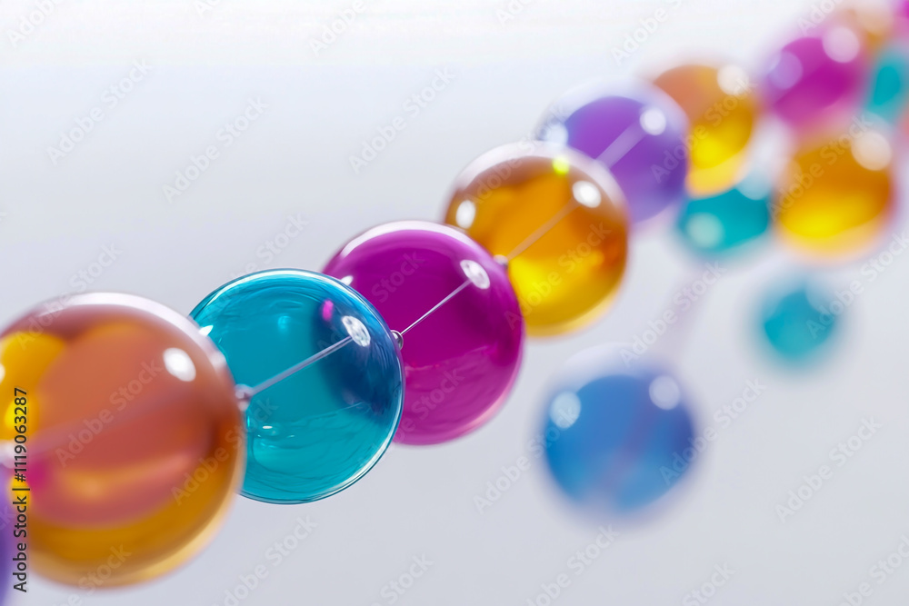 3D render of colorful spheres connected by wire, white background ...