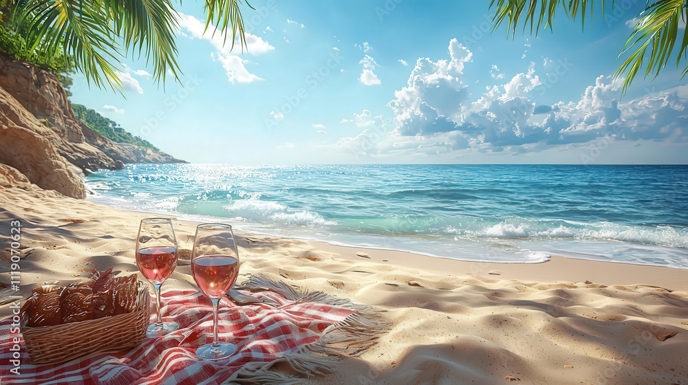 A romantic beach setting with a picnic blanket, wine glasses, and a ...