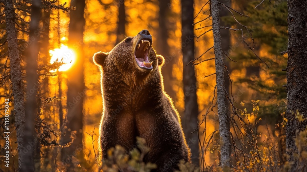grizzly bear roaring in the forest, standing on two legs with sunlight ...