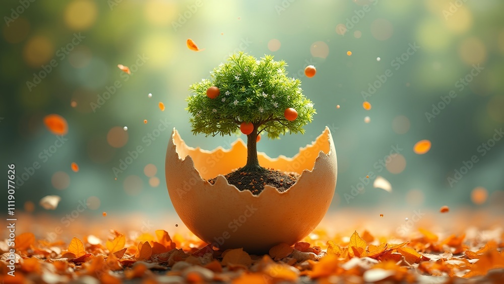egg with a split shell, revealing a green tree growing inside round is ...