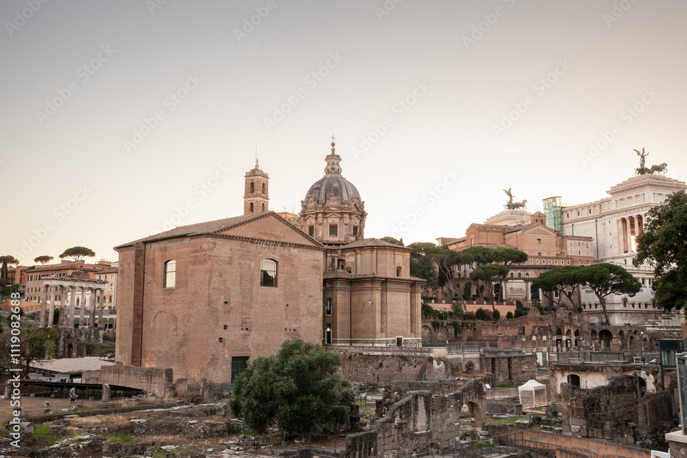 The Roman Forum in Rome, Italy, featuring the Curia Julia and ancient ...