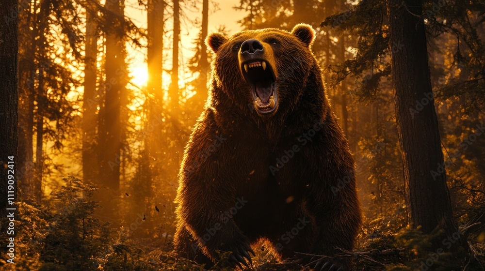 grizzly bear roaring in the forest, standing on two legs with sunlight ...