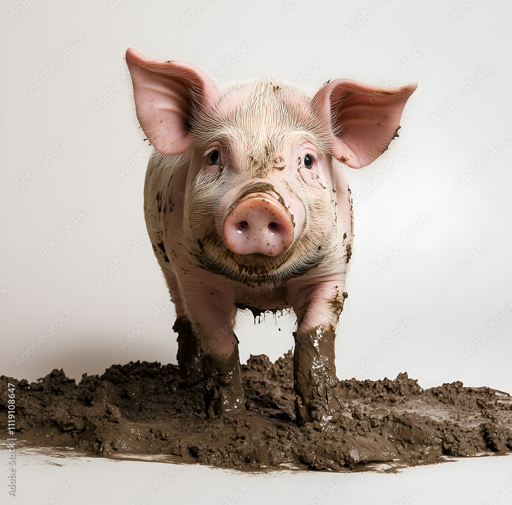 pig standing in mud, cute and funny, against a white background. Stock ...