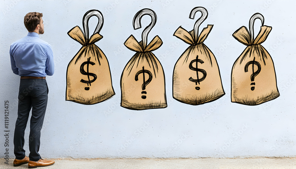 Businessman contemplates financial choices, depicted as money bags with ...