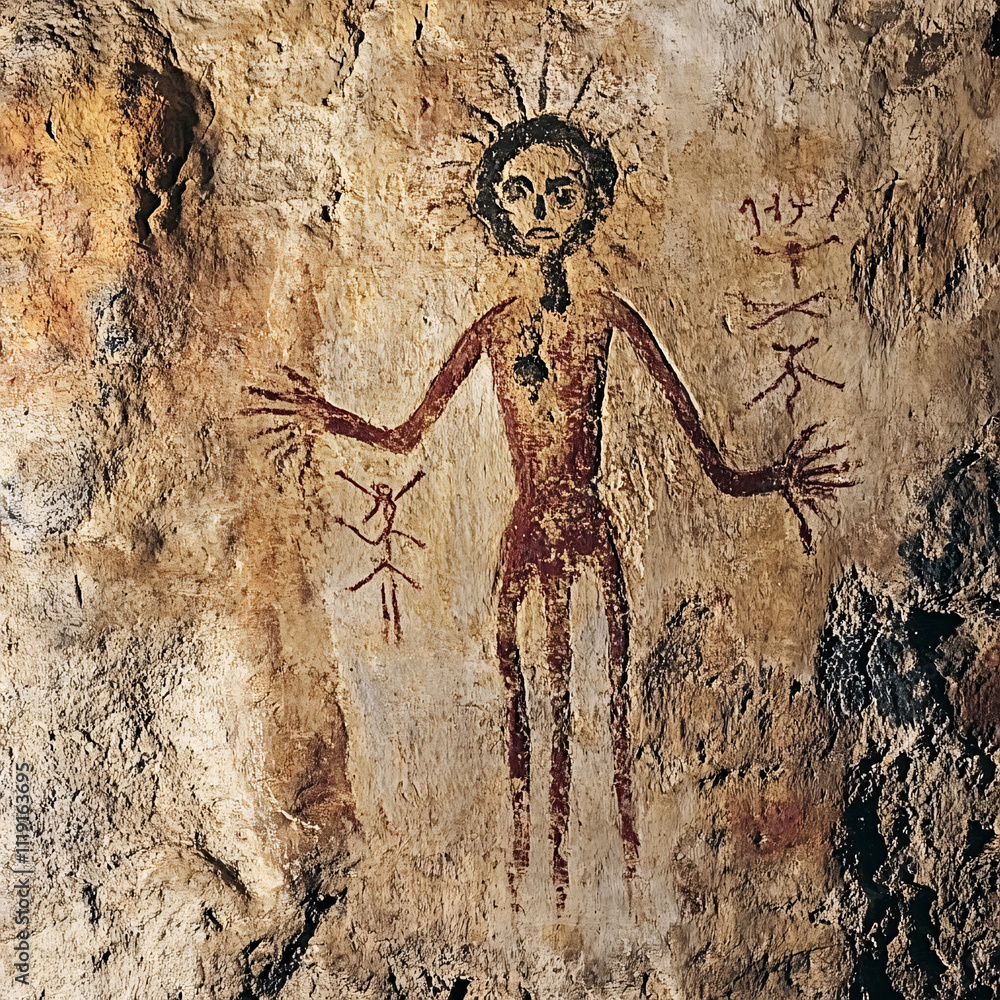 Ancient petroglyphs carved into rock, Archaeological pre-historic human ...