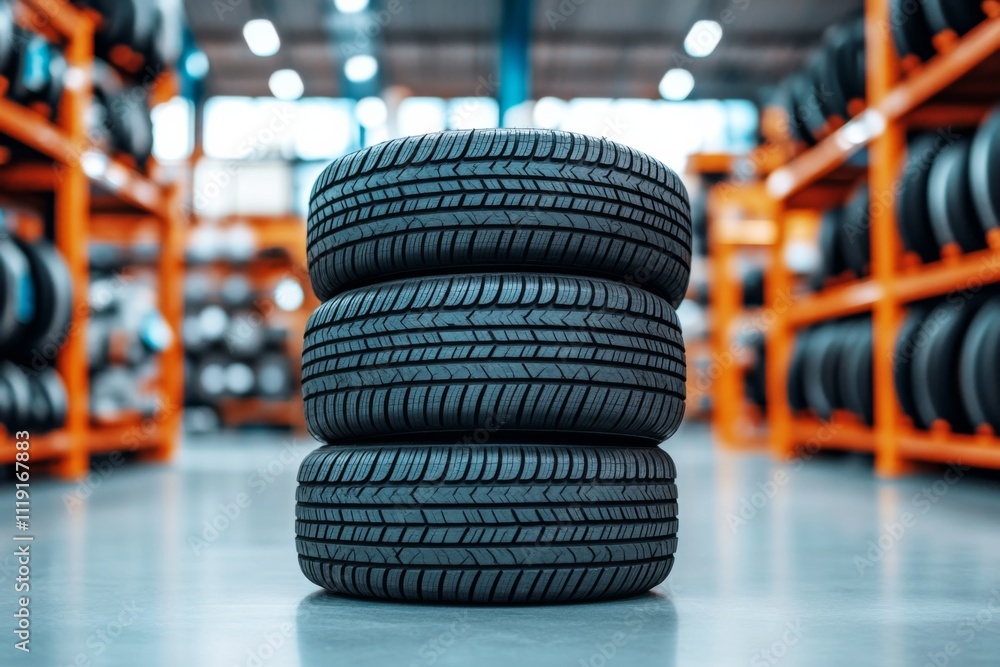 Black tires stacked in pyramid shape at tire store with blurred ...