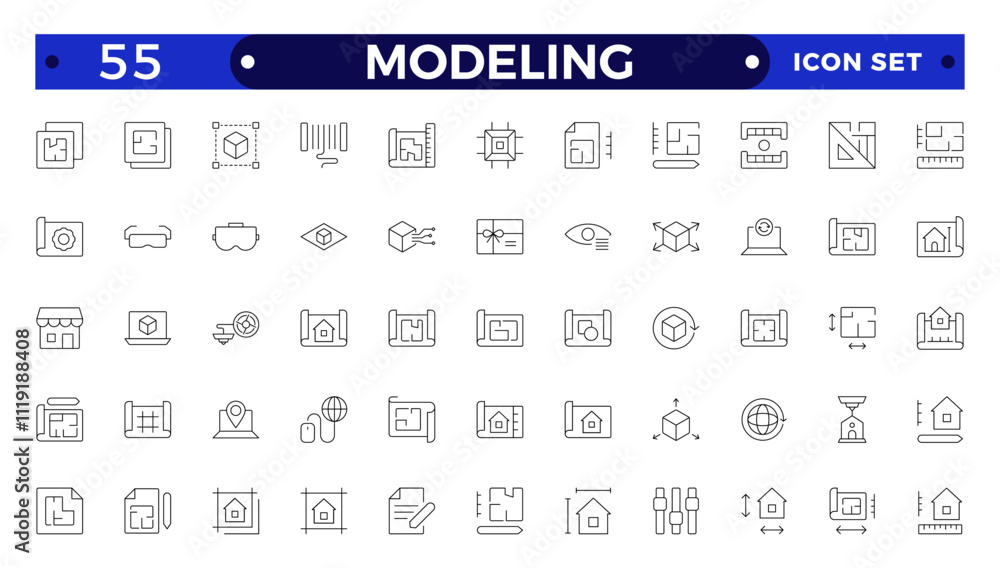 Modeling outline icon set. Architectural planning icon collection ...