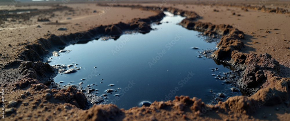 Polluted soil reveals stagnant water reflecting the harsh environment ...