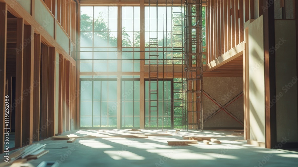 Interior framing stage of a timber house under construction, bathed in ...