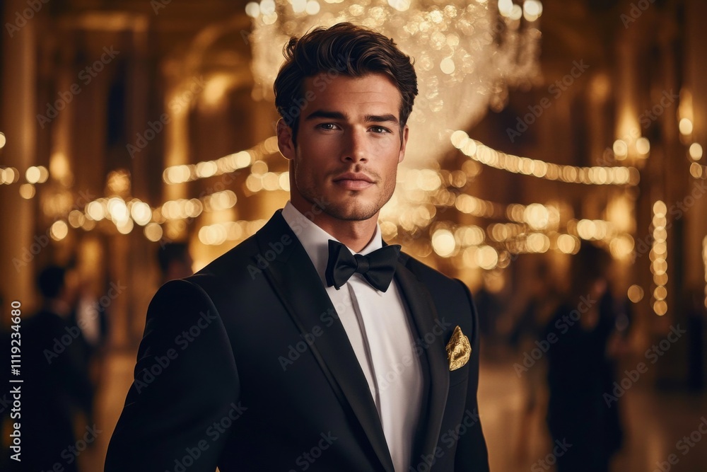 Elegant Young Man in Black Tuxedo at Formal Event in Large Room with ...