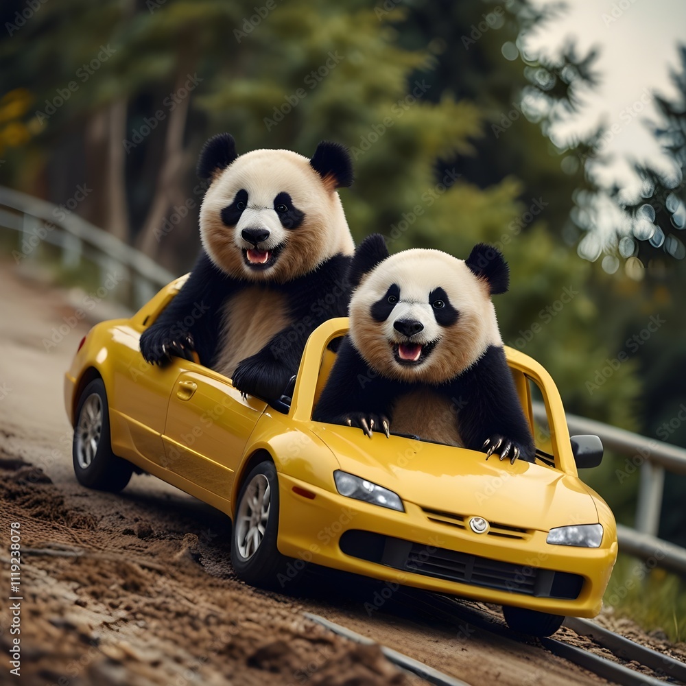 two funny crazy scared smiling panda bears sitting in yellow car riding ...