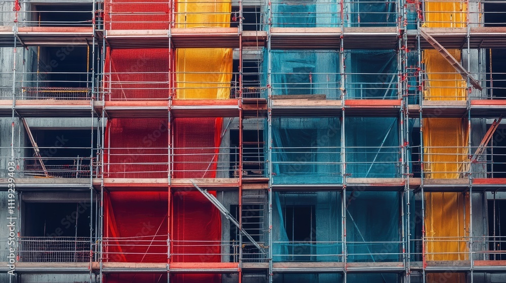 Side view of a building under construction, entirely enveloped in ...