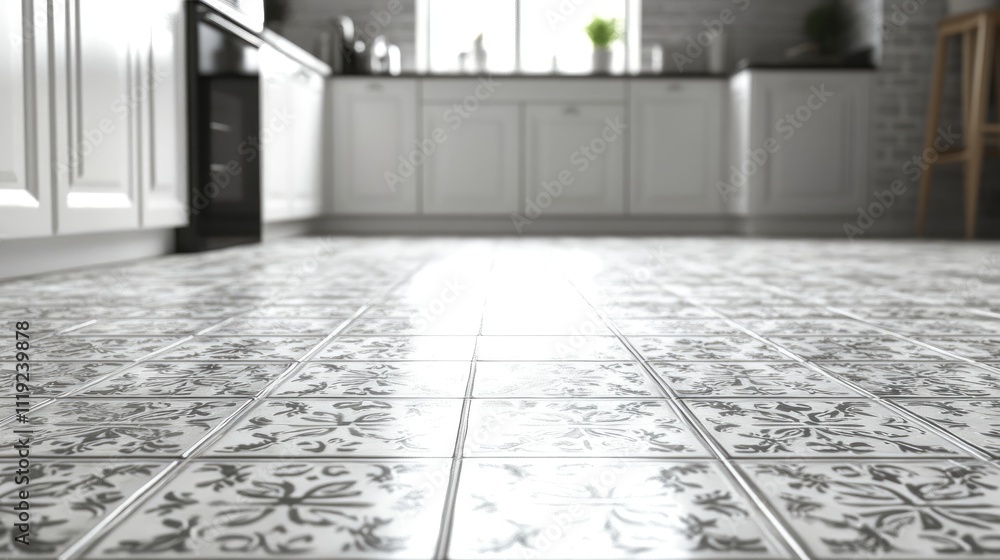 Grey kitchen room interior highlighting floor tiles in a detailed close ...