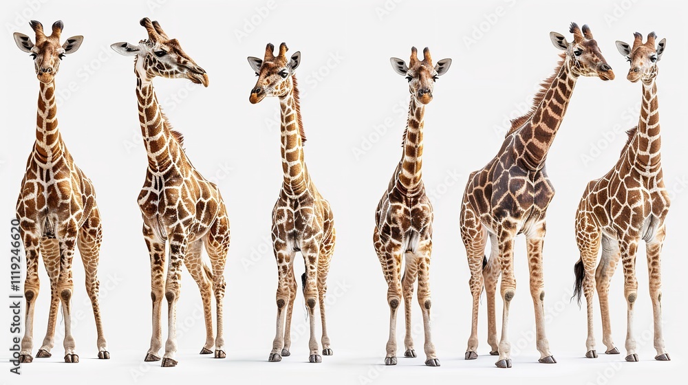 Four giraffes standing side by side, facing the right in isolated on ...