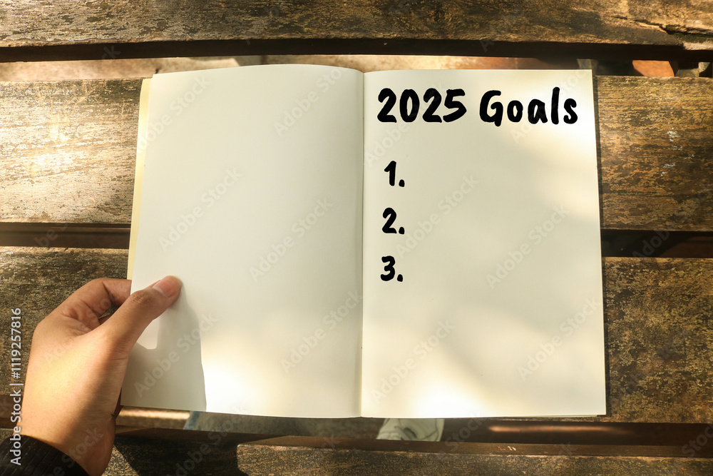 Writes 2025 Goals in a notebook. Blank book to fill in 2025 goals ...