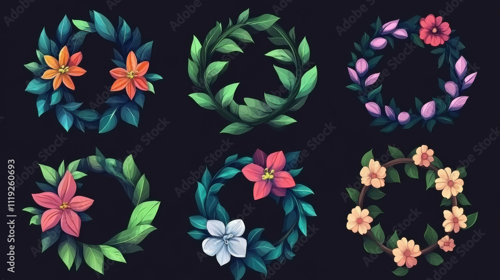 Set of round avatar frames decorated with flowers and foliage isolated ...