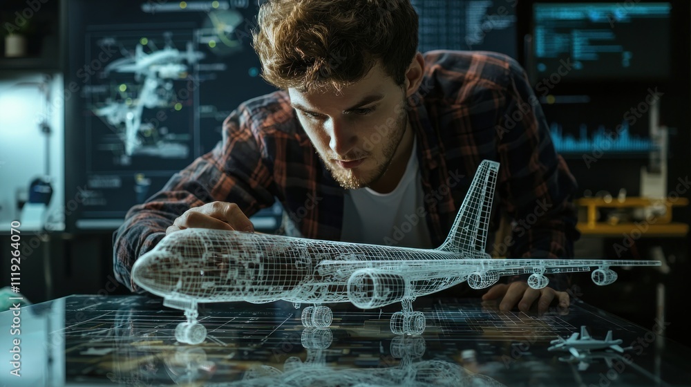An aerospace engineer analyzing a scale model of an aircraft, with ...