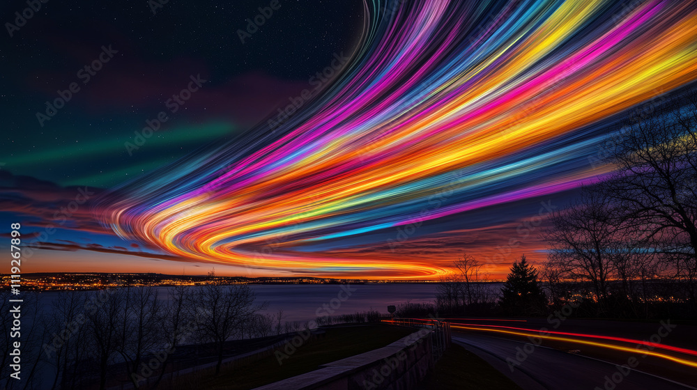 Colorful aurora borealis with neon glowing effect on dark transparent ...