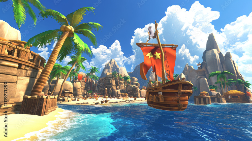 Game levels map with floating tropical islands in sea or ocean water ...