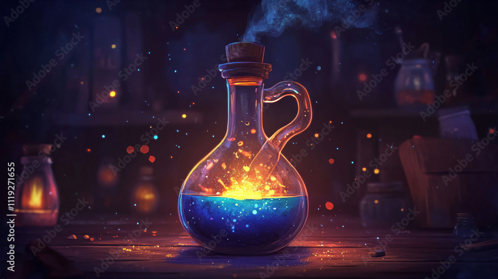 Laboratory potion bottle animation cartoon game icon. Chemical witch ...