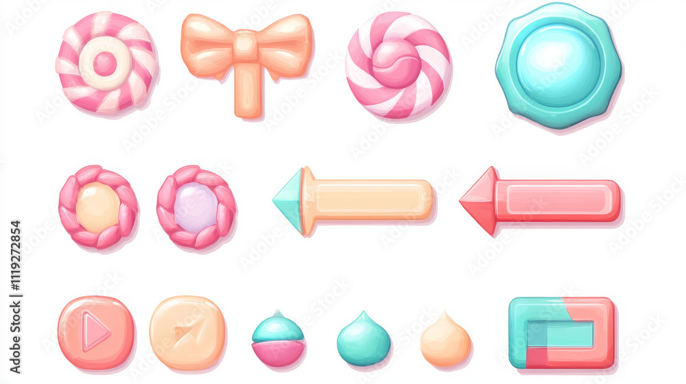 Candy game ui buttons set isolated on black background. Vector cartoon ...