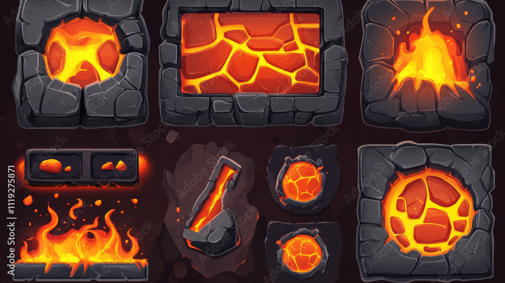 Stone with lava texture game interface vector. Volcano board crack ui ...