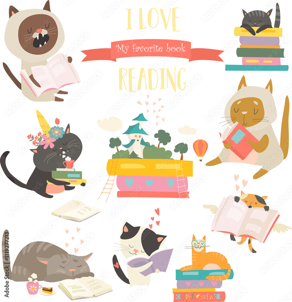 Cute funny cartoon cats reading books. Vector illustration Stock ...