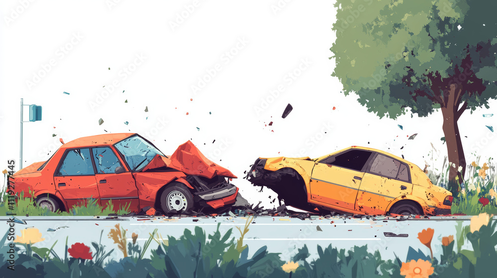 Road accidents with car crash. Broken vehicles turned on side, hitting ...