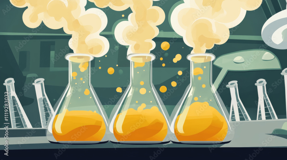 Stages of chemical reaction in lab flask, science experiment with ...