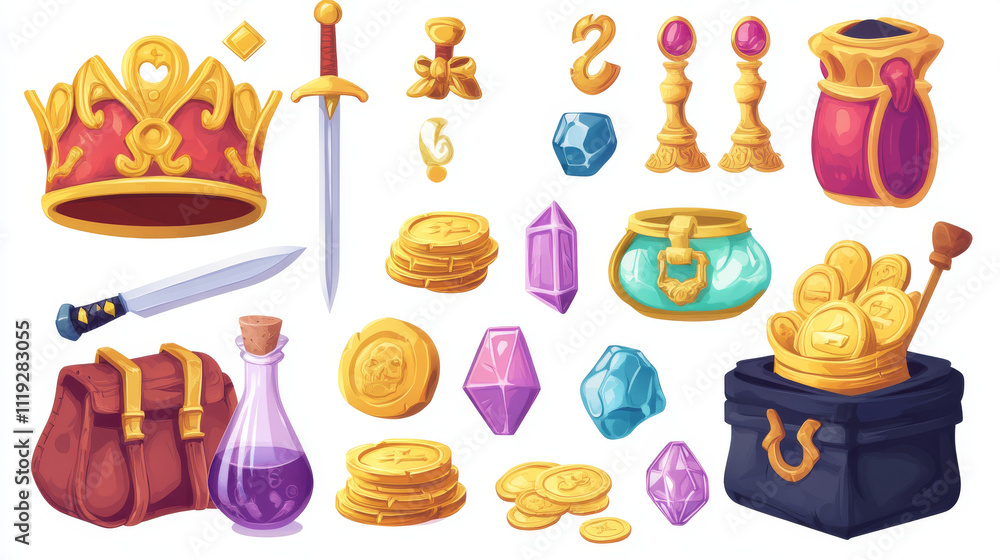 Treasure, magic items golden coins, crystal gems, crown, sword and gold ...
