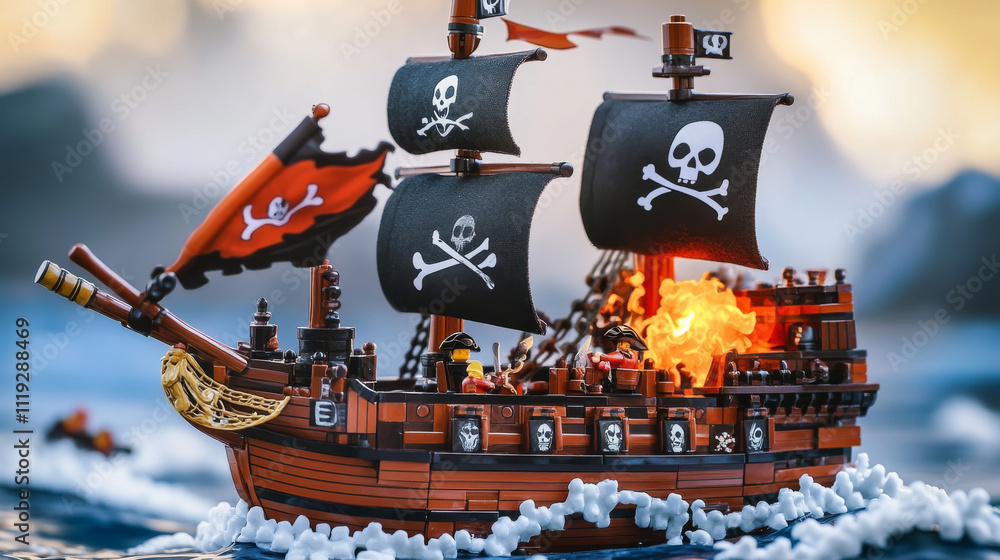Pirate ship battle, wooden brigantine boat deck onboard view with ...