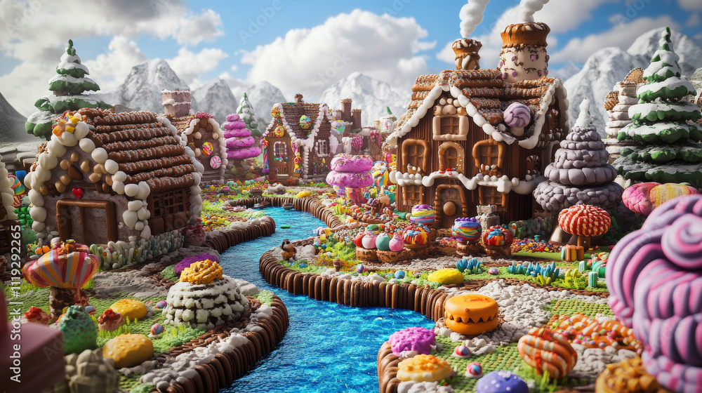 Game level map of fantasy sweet world with chocolate river, gingerbread ...
