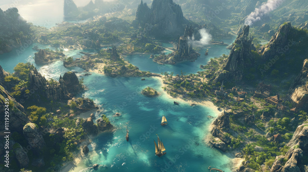 Adventure game ui level map with island in ocean vector background ...