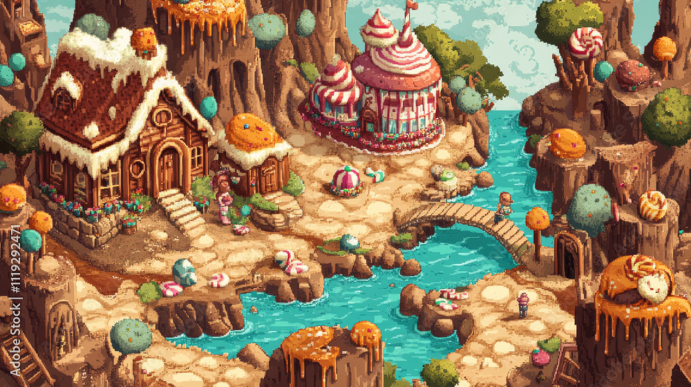 Game level map of fantasy sweet world with chocolate river, gingerbread ...