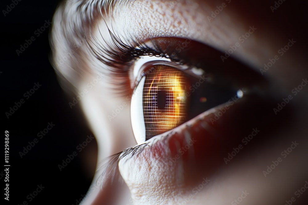A close-up shot capturing a human eye with a reflective digital ...