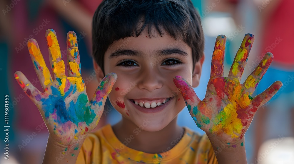 12. A young artist with colorful paint on their hands and a proud smile ...
