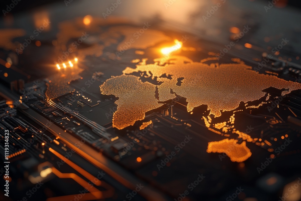 An artistic digital rendering of a world map depicted as a glowing ...