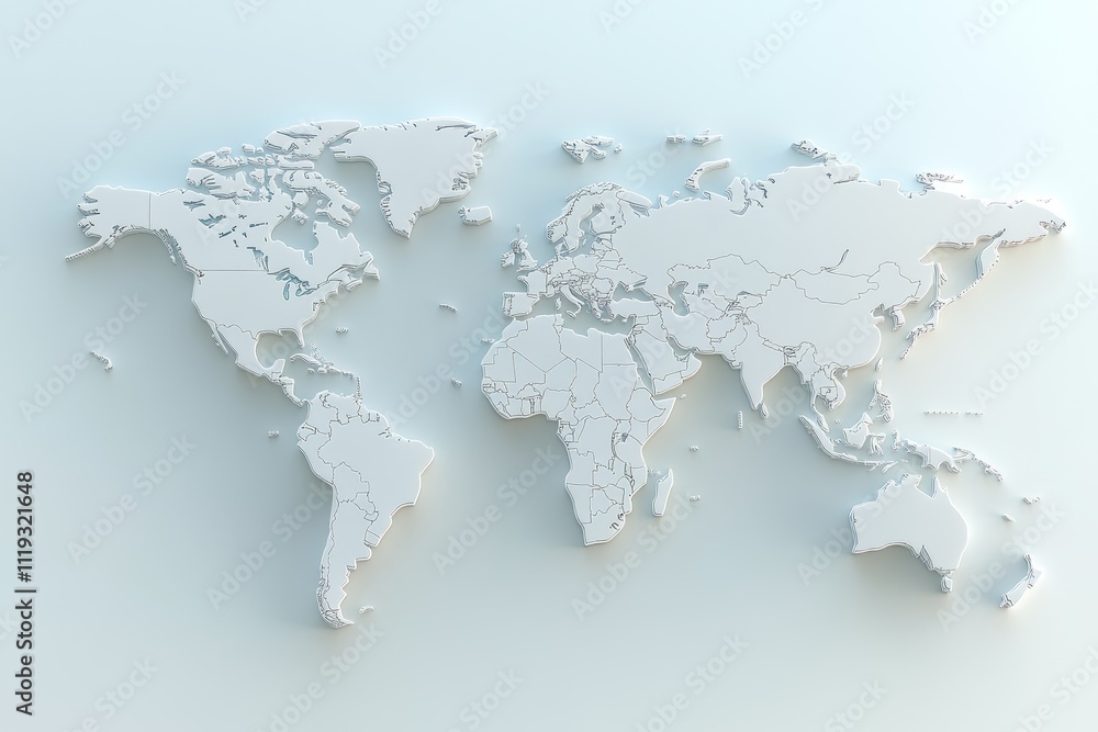 A minimalist white world map, emphasizing the countries' boundaries ...
