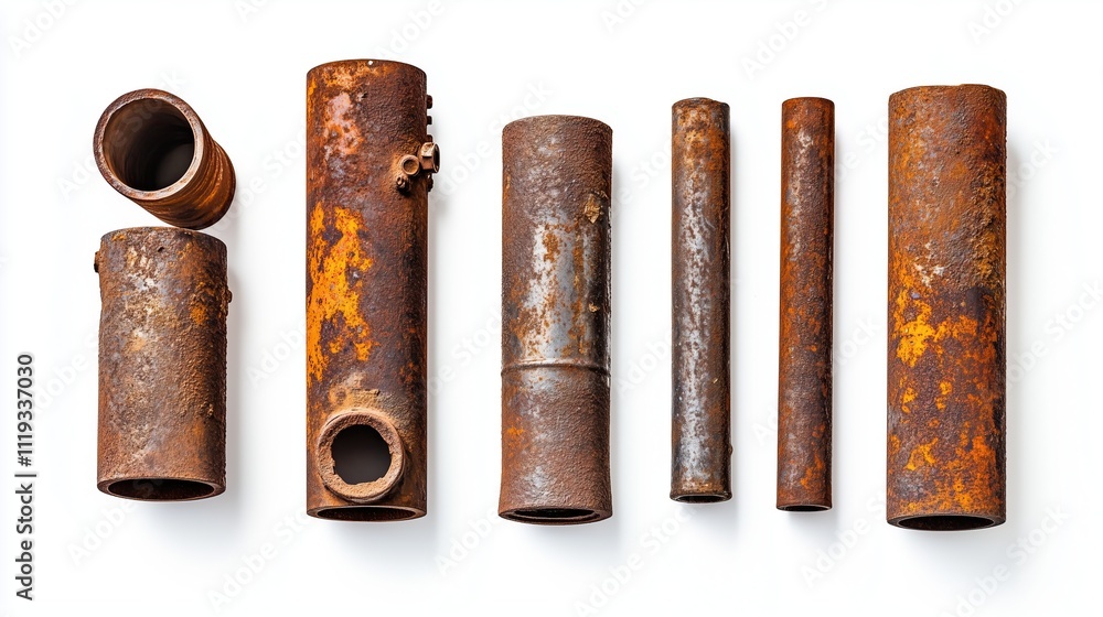 Very old rusty pieces of drainage pipes on a white background, isolated ...