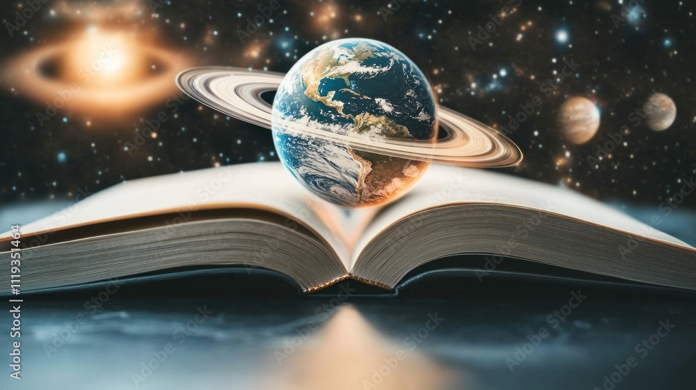 Exploring the universeearth and saturn in a book cosmic scene ...