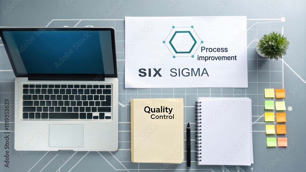 Six Sigma and DMAIC concept. Office workspace with Six Sigma materials ...