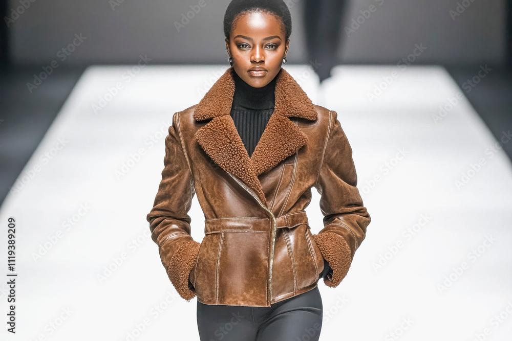 Fashion model walking runway in stylish brown shearling jacket at ...