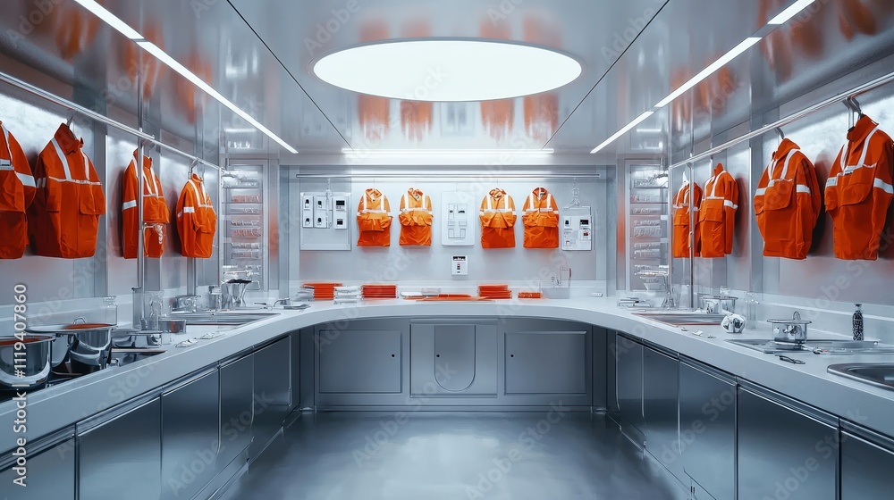 imagine prompt: A sleek PPE station in a factory, displaying neatly ...