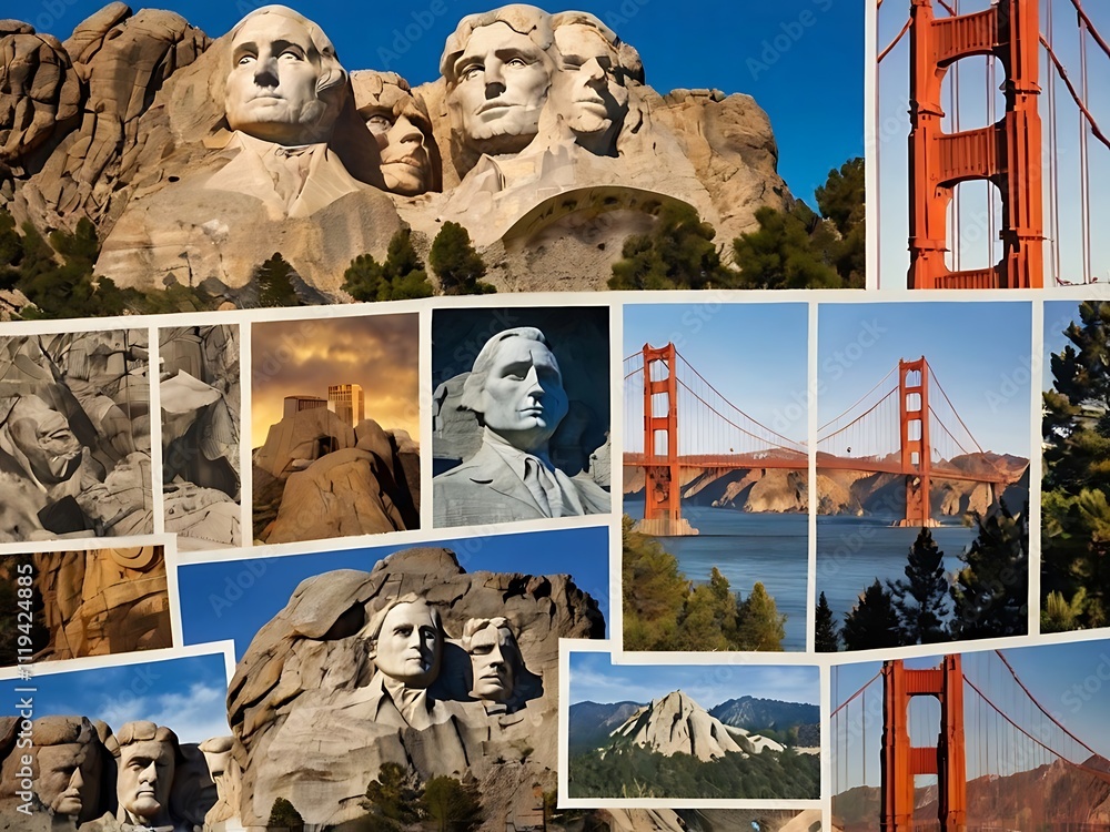 American Monuments And Iconic Golden Gate Bridge Collage Stock ...