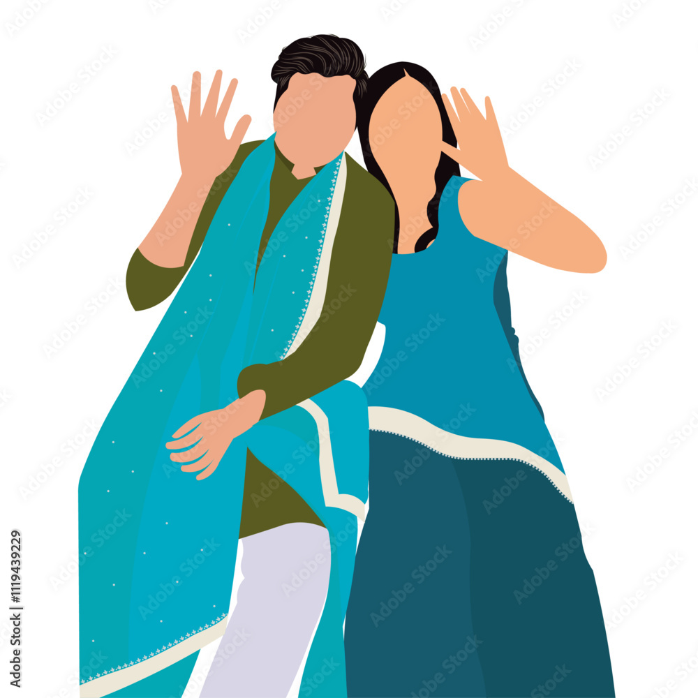 Indian couple mehendi ceremony caricature illustration for haldi ...