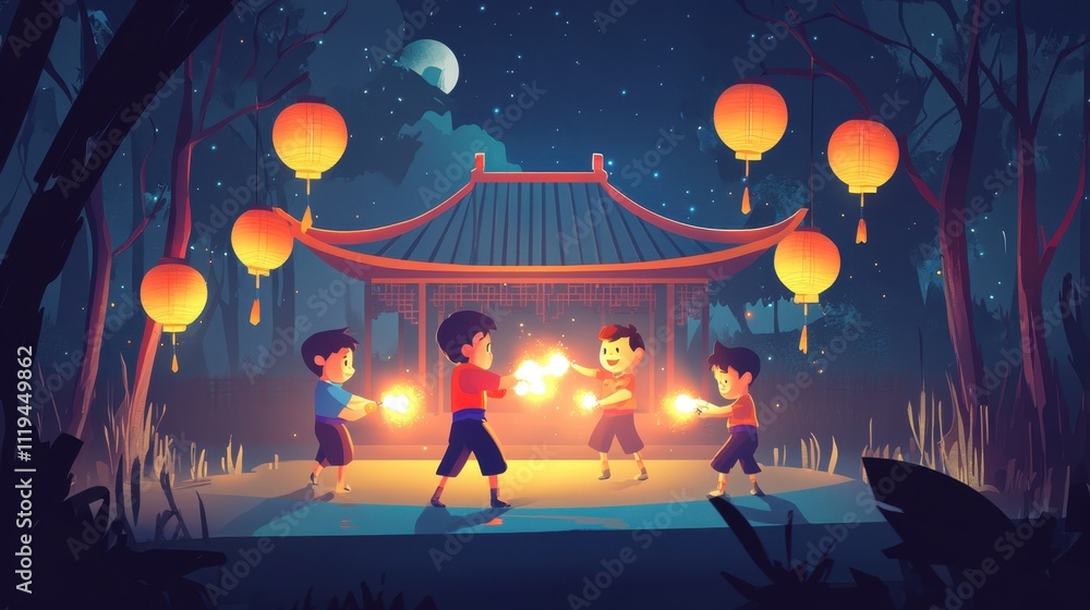 Playful cartoon children lighting firecrackers, with a background of ...