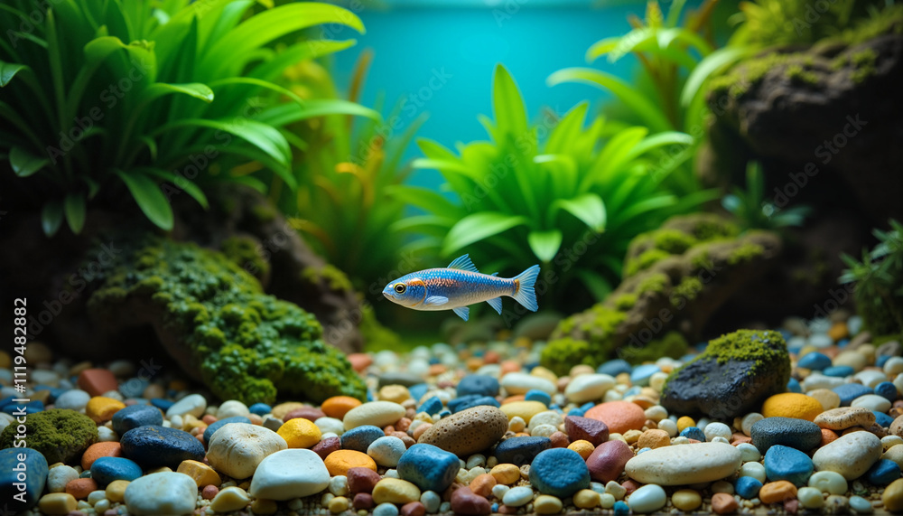 Vibrant underwater landscape featuring a colorful fish swimming amidst ...