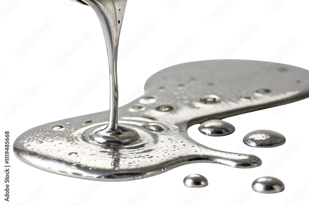 Liquid silver pours smoothly, forming glossy droplets and a reflective ...