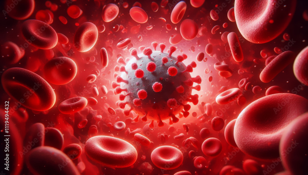 Red blood cells with floating germs, influenza, coronavirus, medical ...
